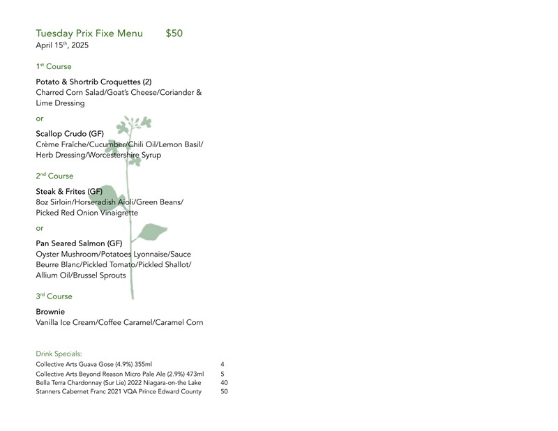 Tuesday Prix Fixe