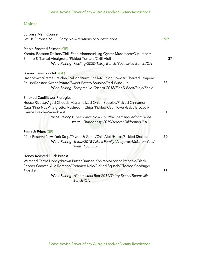 Dinner and Beverage Menu